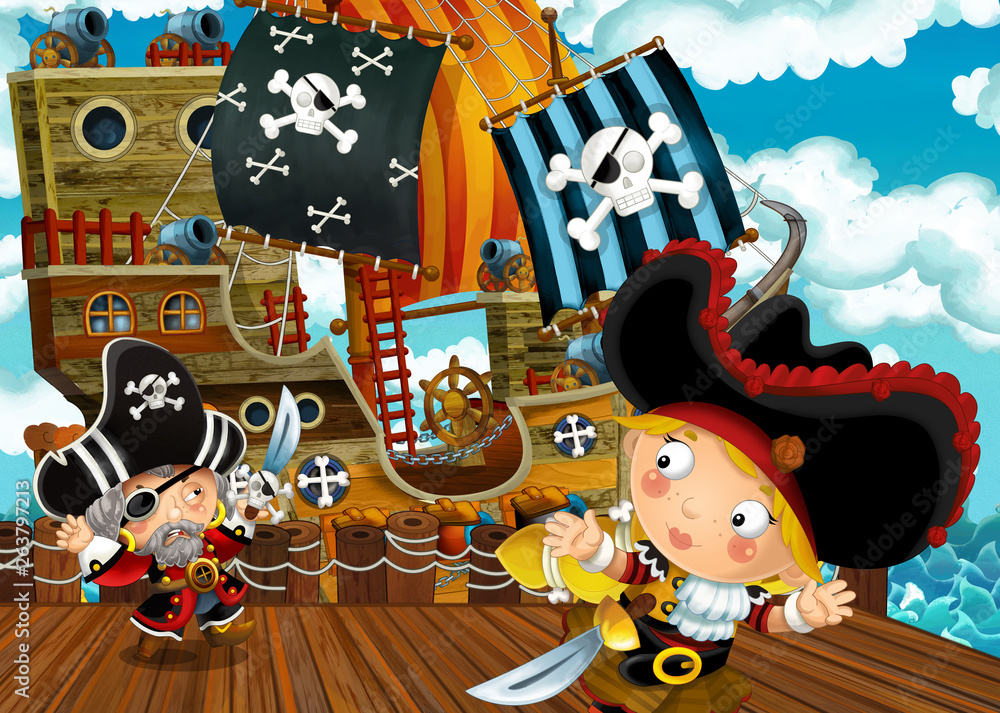 cartoon scene with pirate sailing ship docking - illustration for ...
