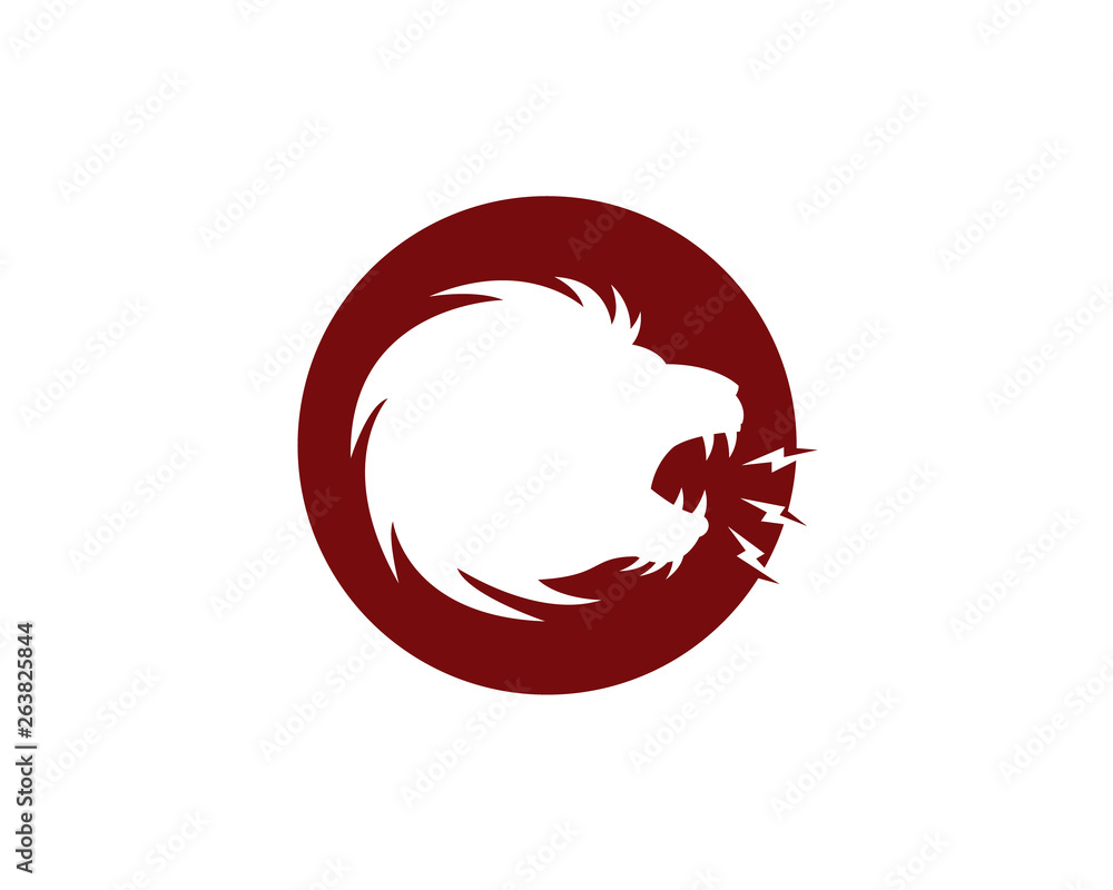 negative space lion head roar with lightning out from his mouth in red ...
