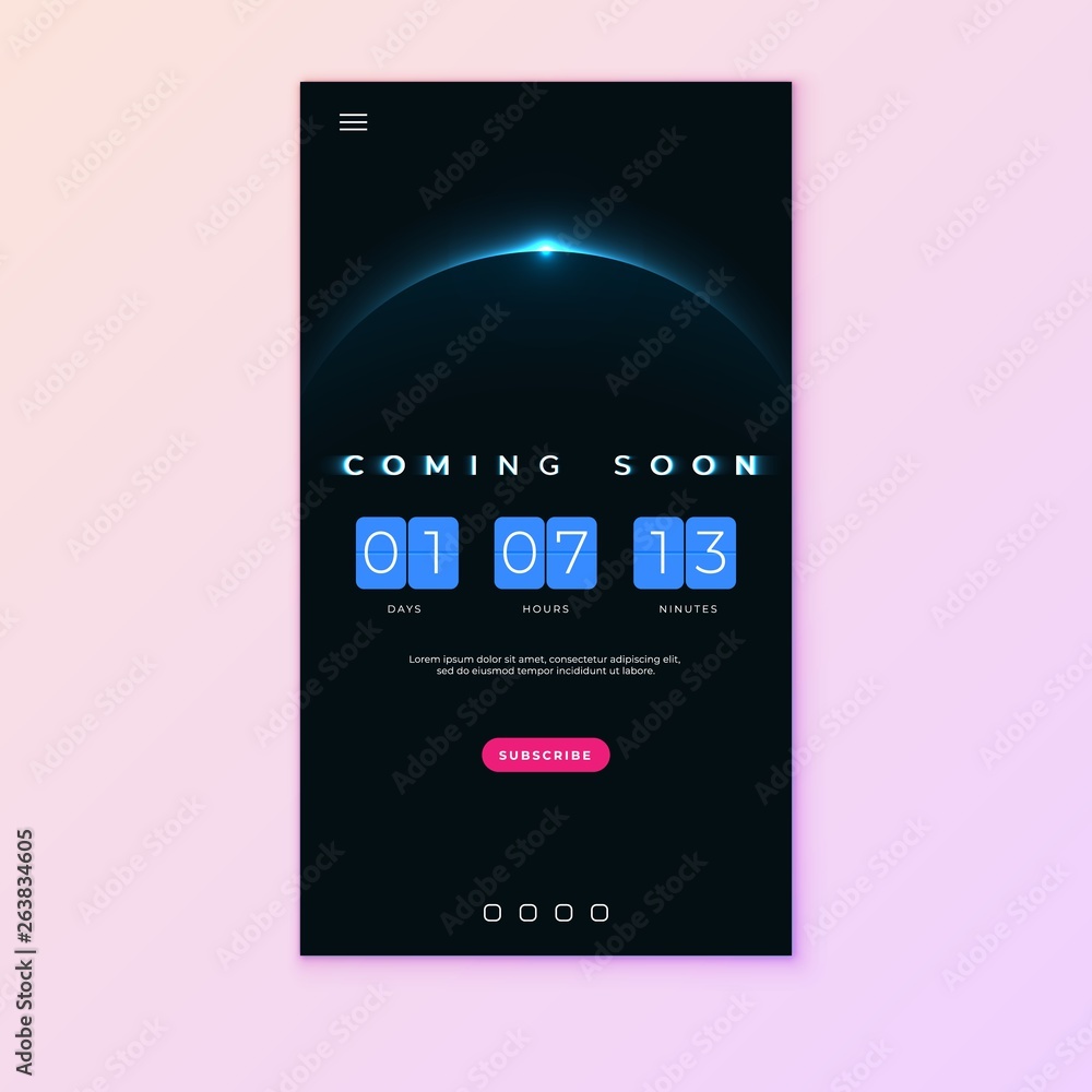 Coming Soon text on abstract Sunrise Dark Background with Flip ...