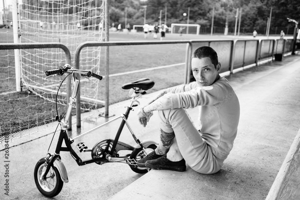 transgender girl riding a bicycle with a set of skeleton clothes Stock ...