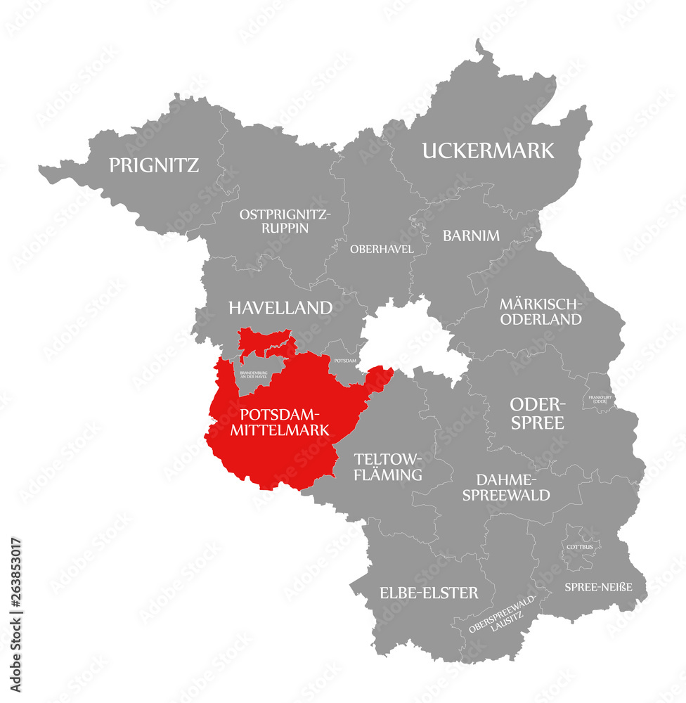 Potsdam-Mittelmark county red highlighted in map of Brandenburg Germany ...