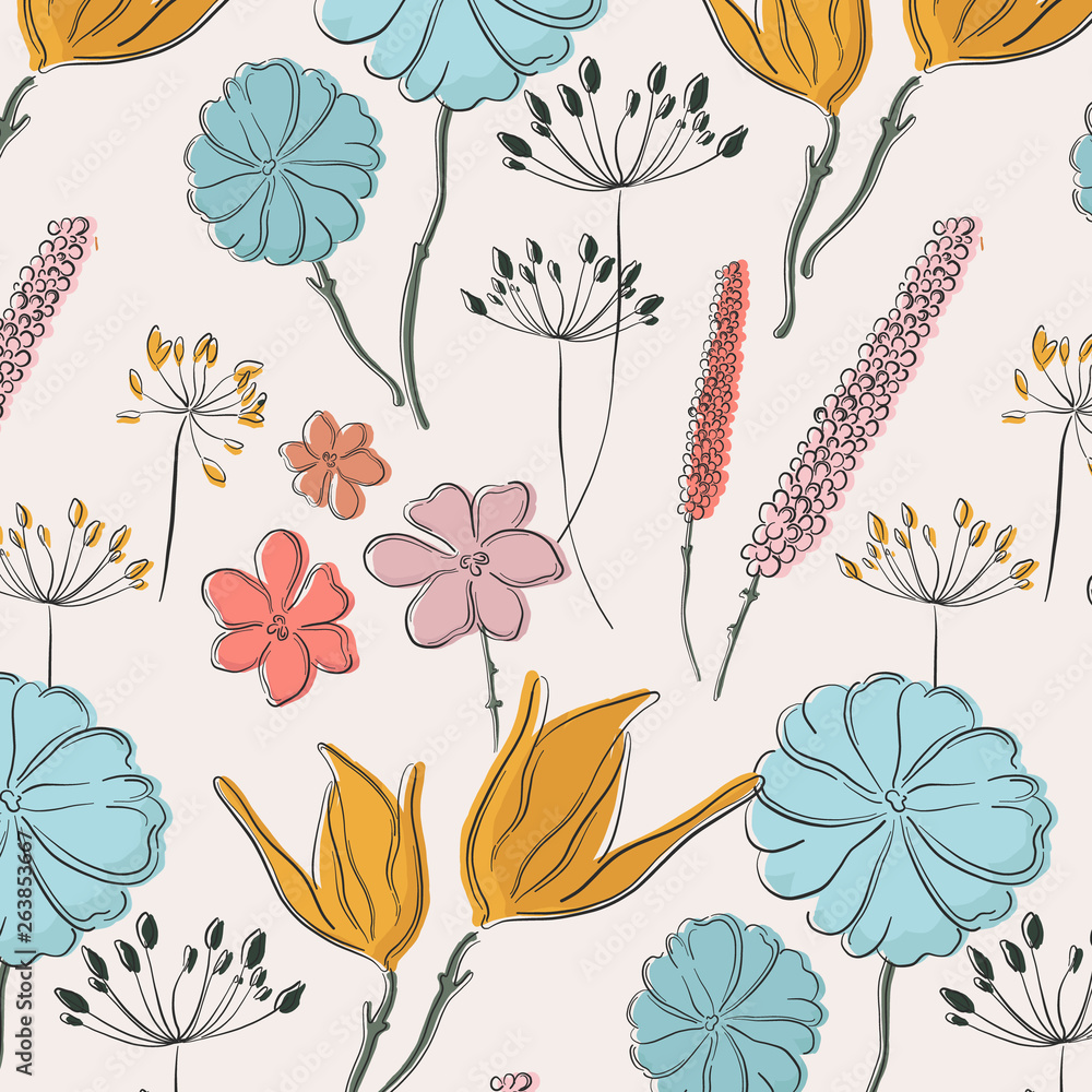Flower summer fabric pattern. Spring waterclor line art paradise ...