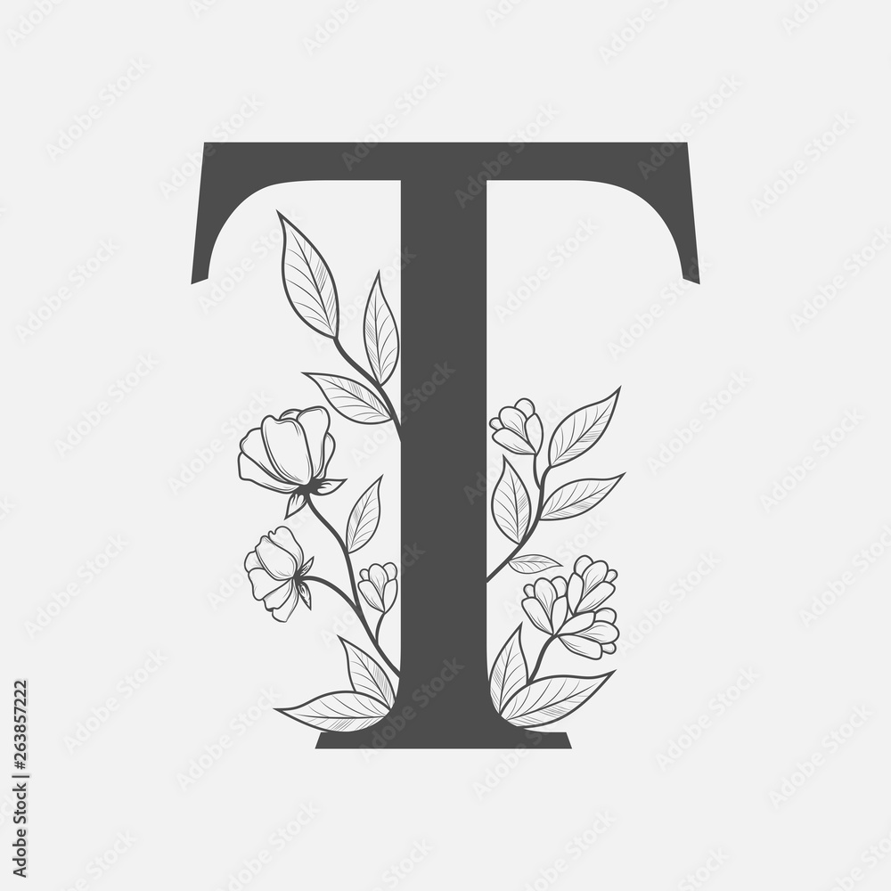 Uppercase Letter T with flowers and branches. Vector flowered monogram ...