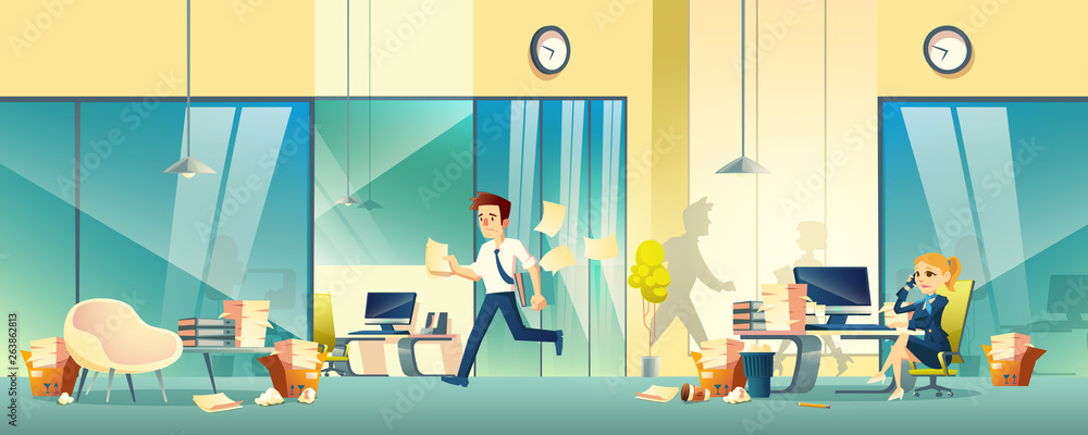 Chaos in company office cartoon vector with hurrying, busy business ...