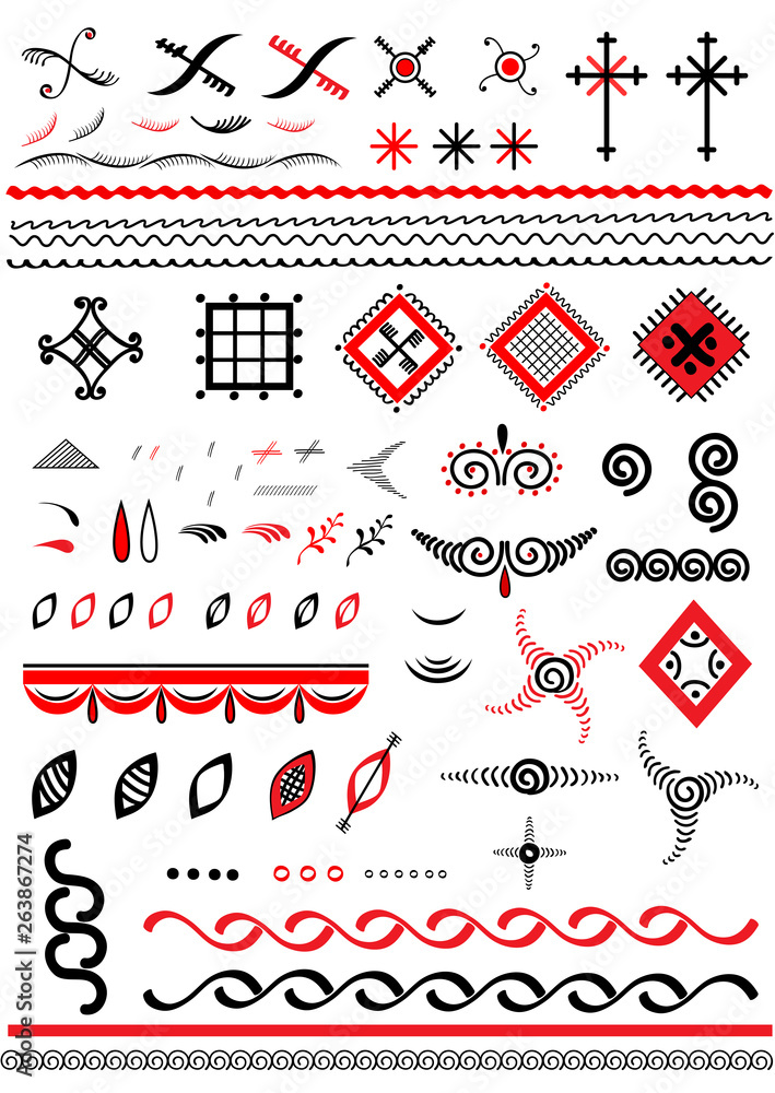 Set of design elements of the Russian Mezen painting. Simple decorative ...