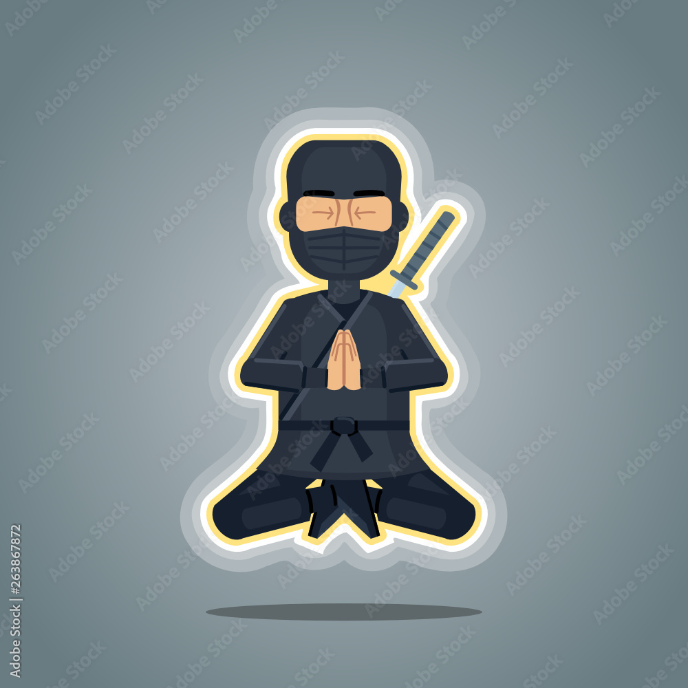 Illustration of a meditating ninja. Peaceful ninja in black clothing ...