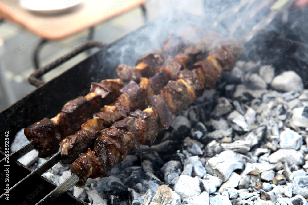 Turkish traditional meal called 'ciger' made by liver on a bbq Stock ...