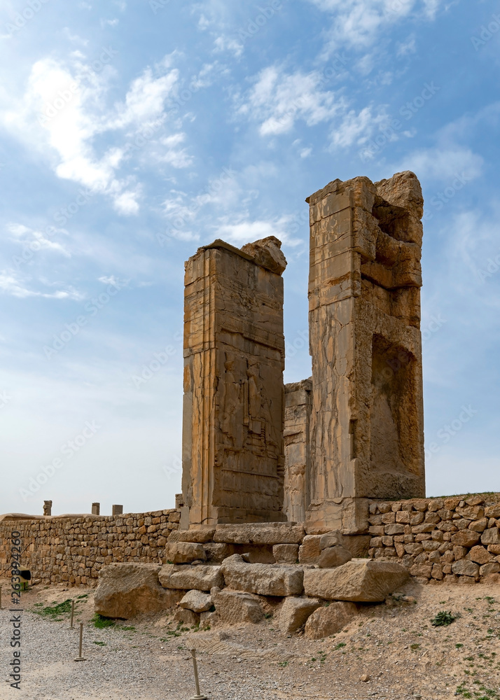Ruins of a palace entrance. Persepolis, an ancient ceremonial capital ...