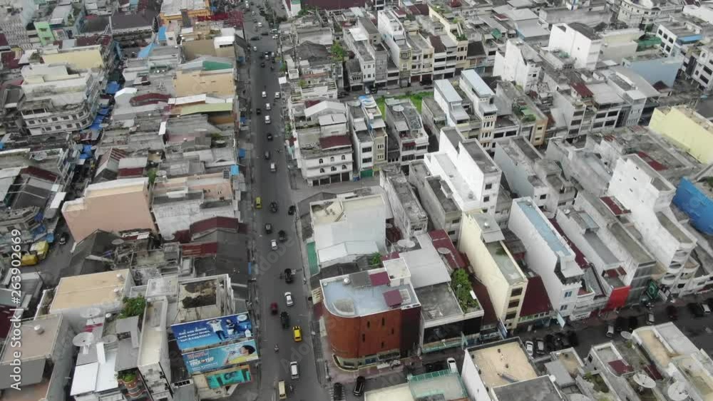 Aerial drone footage of the streets and buildings of downtown Medan in ...
