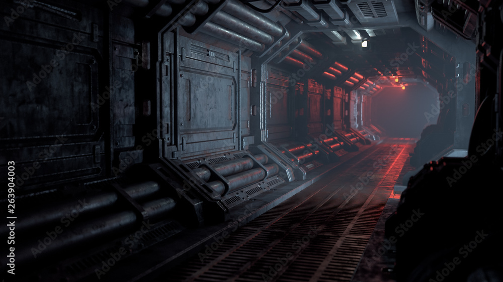 3d rendering of realistic sci-fi dark corridor with red light ...