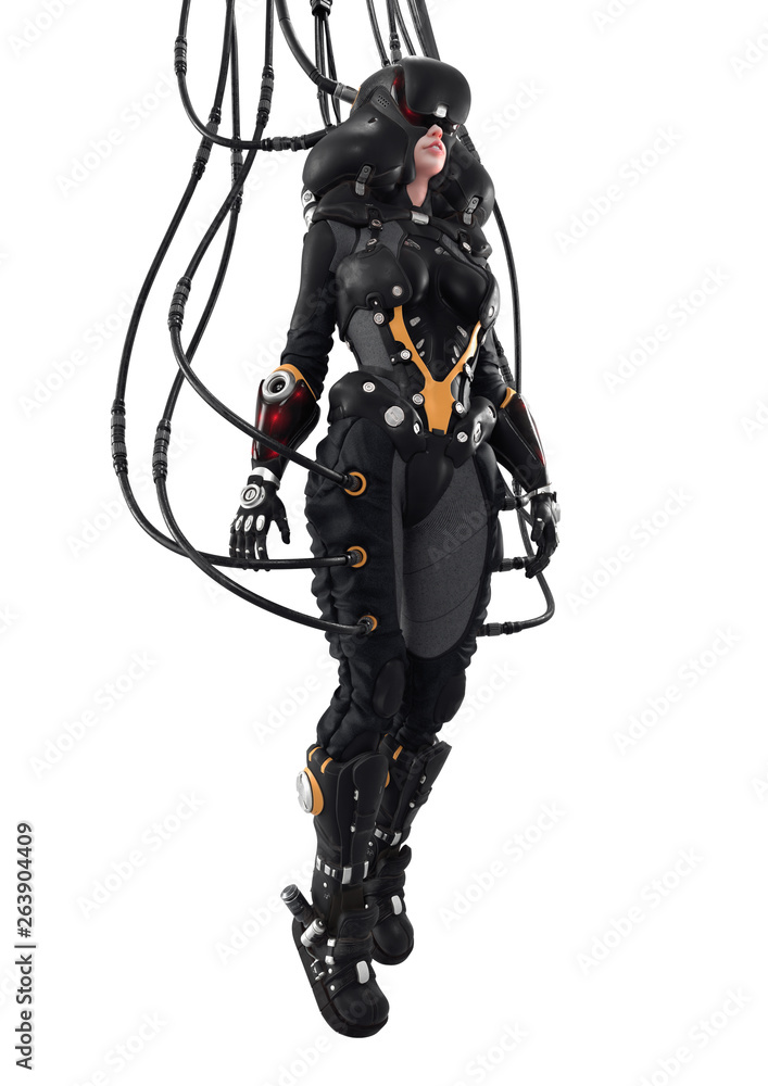 Diving deep into virtual reality. Beautiful woman pilot in futuristic ...