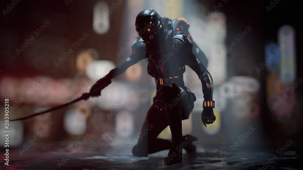 Science fiction cyborg female kneeling on one knee holding a katana in ...