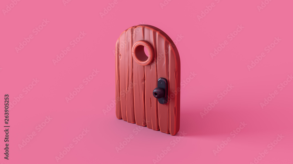 Medieval cartoon curved wooden door with a tiny round window. 3D ...