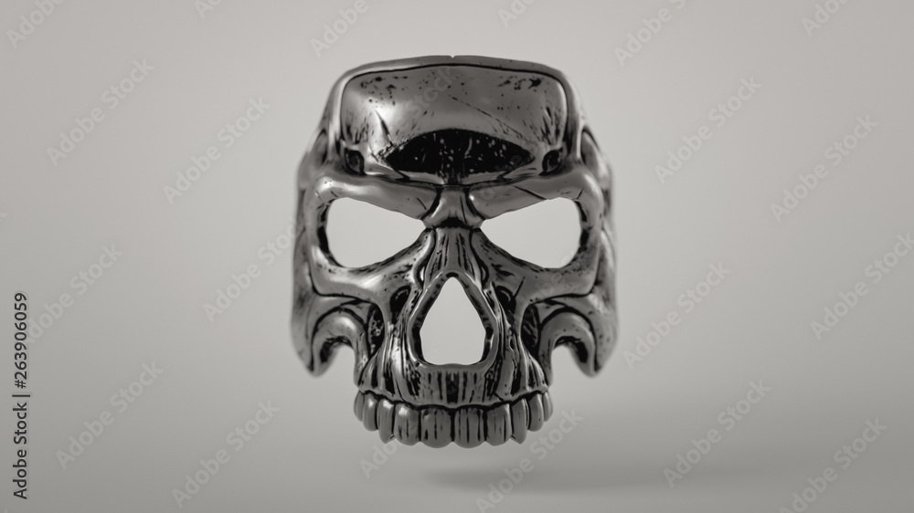 3d illustration of a metal skull mask with tribal elements hovering in ...