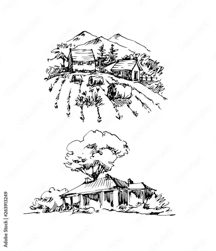 Rural sketch andscape. Vector illustration. Ink hand drawing landscape ...