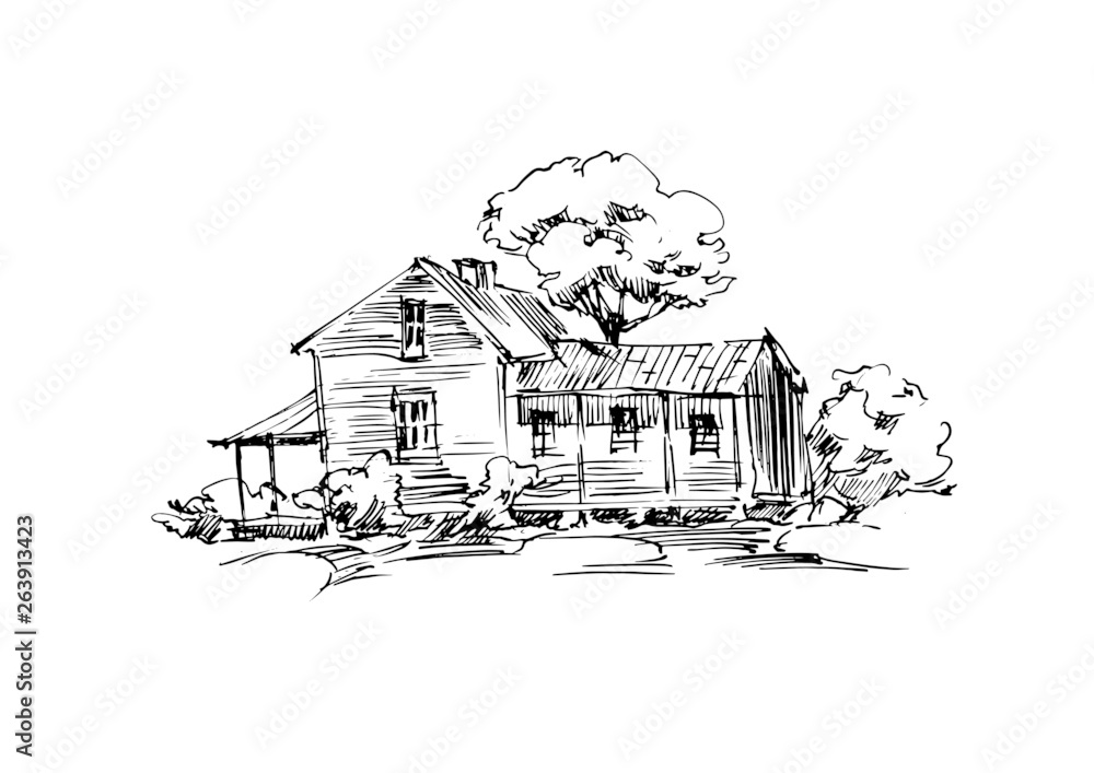 Rural sketch andscape. Vector illustration. Ink hand drawing landscape ...