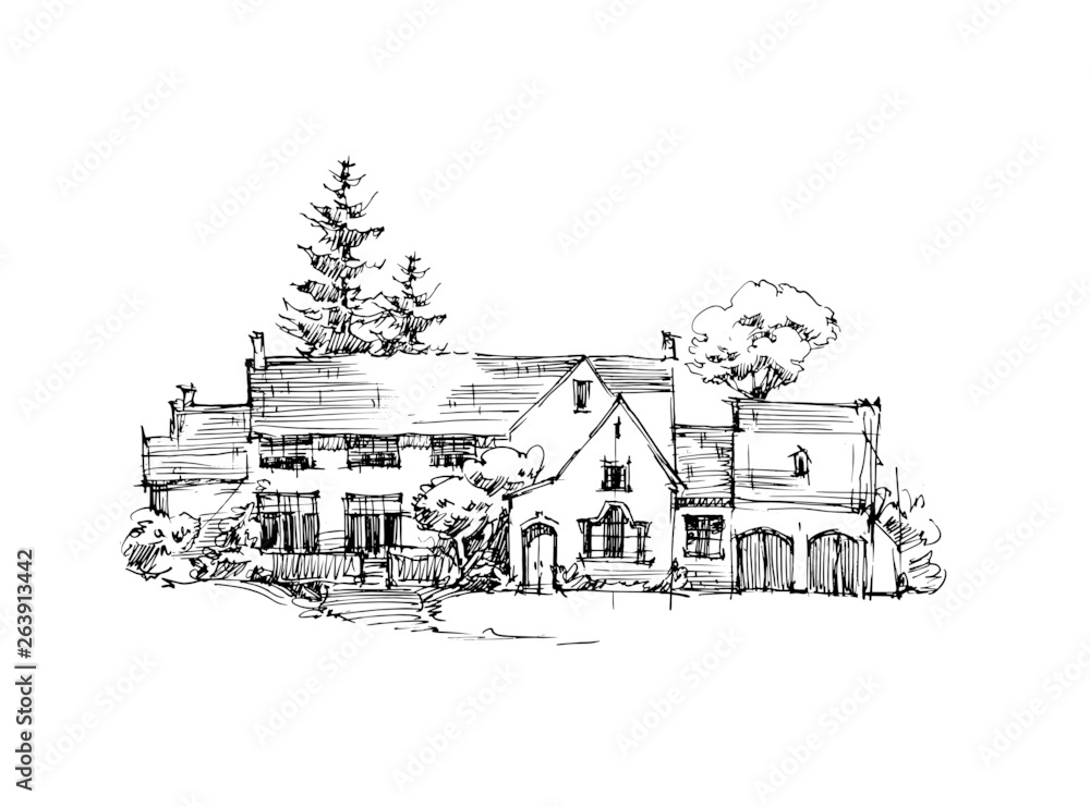 Rural sketch andscape. Vector illustration. Ink hand drawing landscape ...