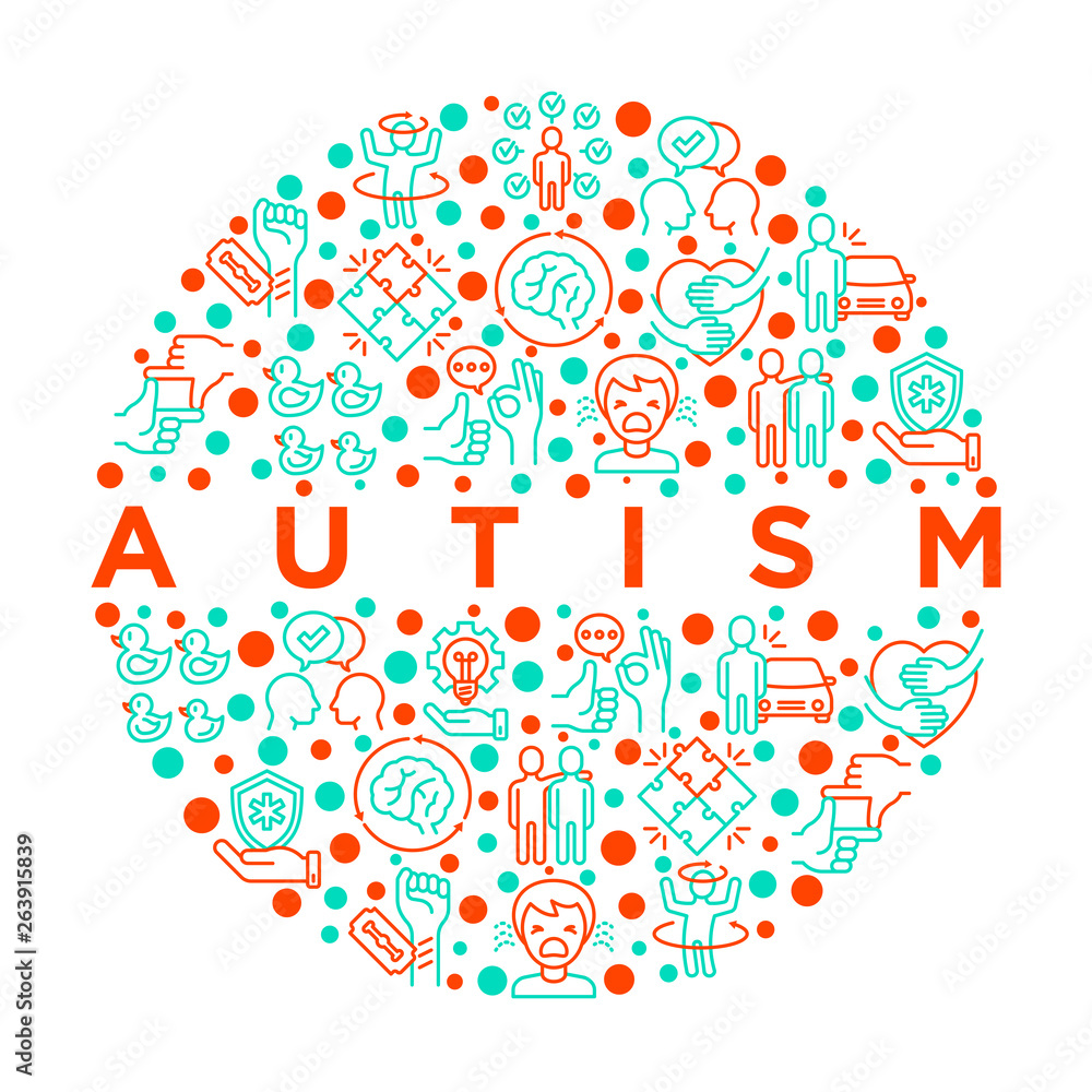 Autism concept in circle, symptoms and adaptive skills thin line icons ...