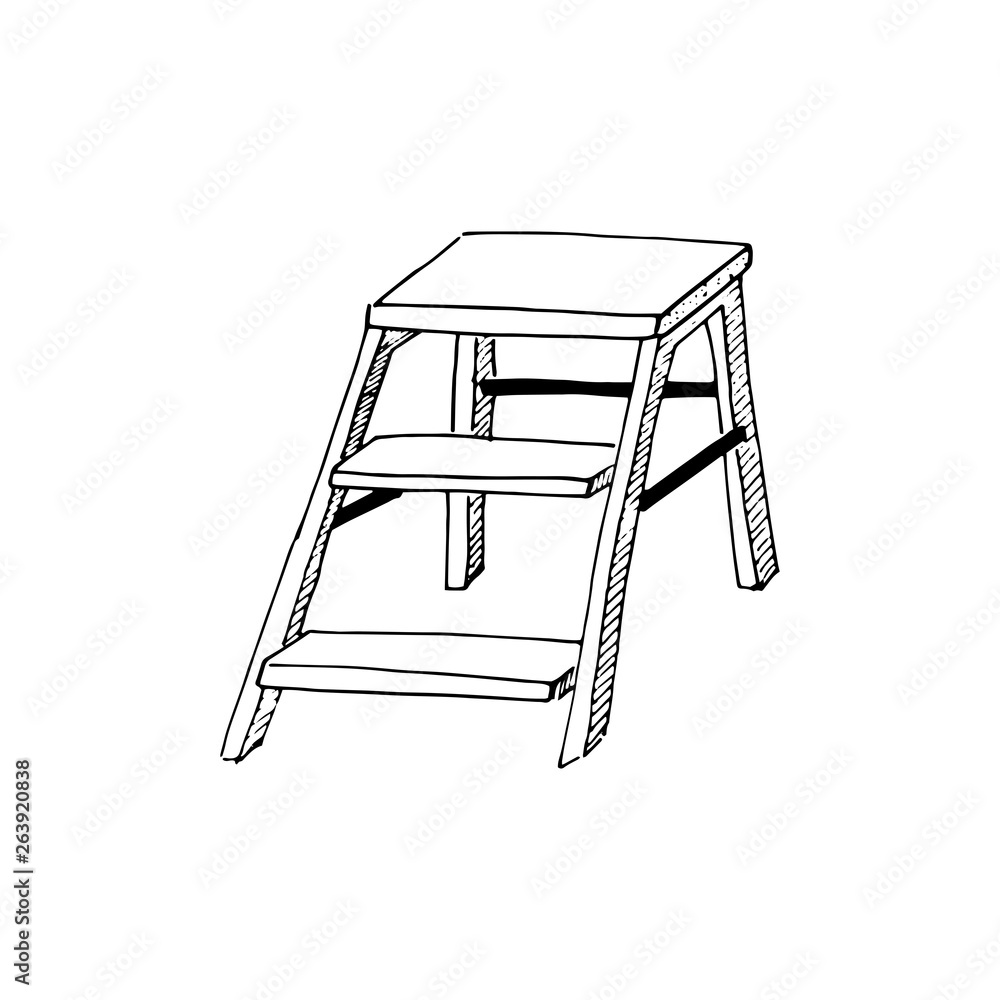 Stepladder sketch. Hand drawn stair, step ladder, rung ladder Black ...