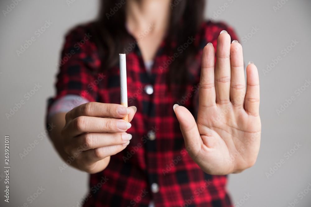 World No Tobacco Day. STOP Smoking. Close up woman hand stop sign ...