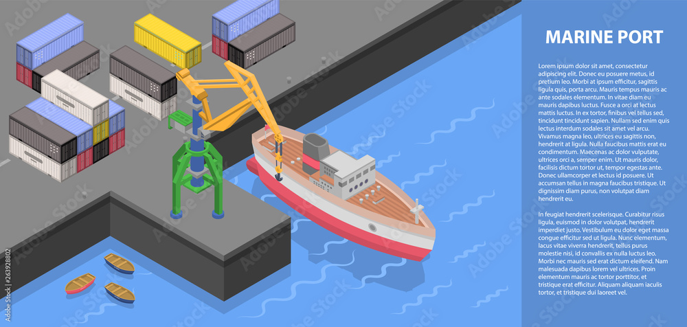 Marine port concept banner. Isometric illustration of marine port ...
