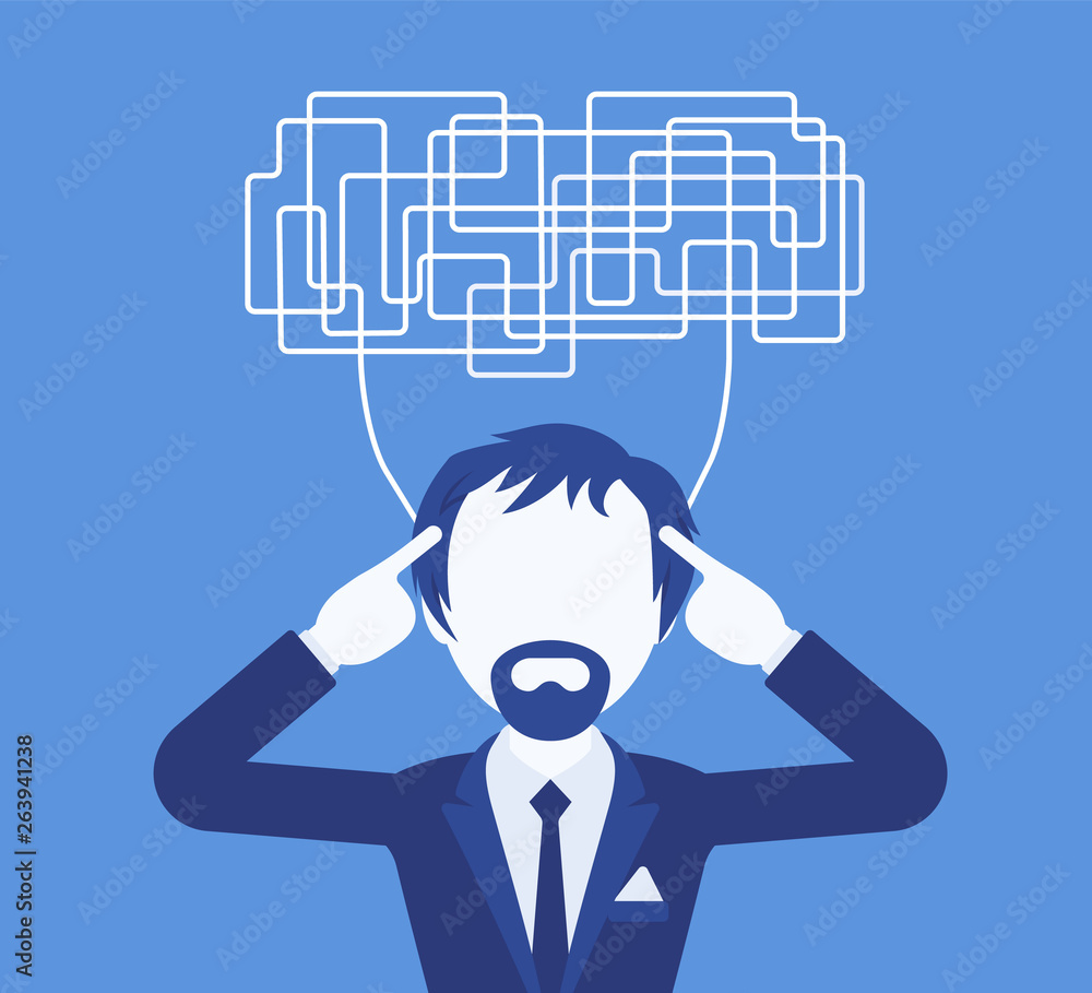 Man with confused thoughts unable to think clearly for decision ...