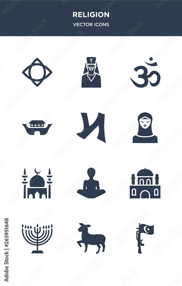 12 religion vector icons such as jihad, lamb, menorah, monastery, monk ...