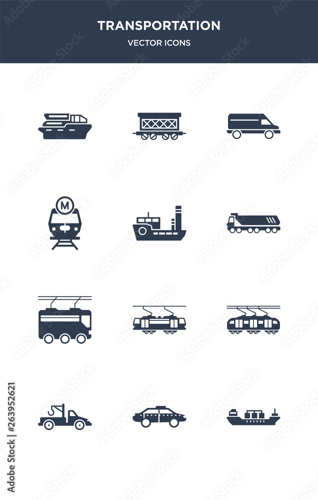 12 transportation vector icons such as tanker, taxi, tow truck, train ...