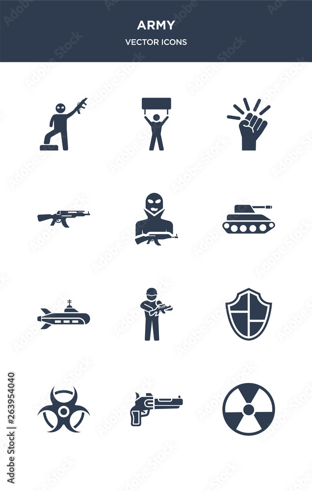 12 army vector icons such as nuclear, pistol, radiation, shield ...