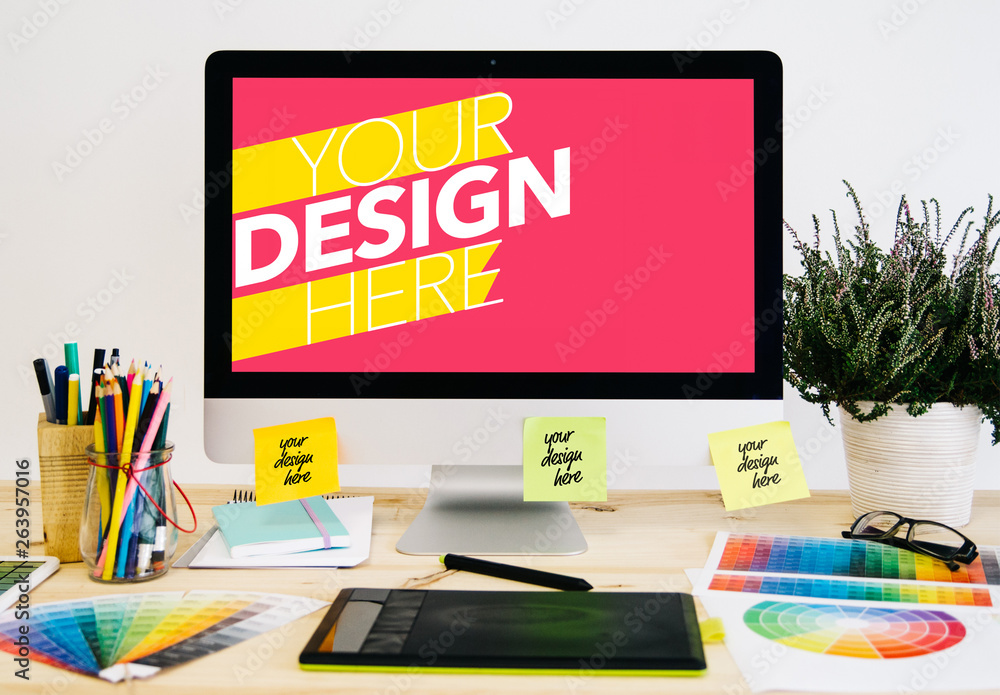 Design Studio Desk with Computer and Sticky Notes Mockup Stock Template ...