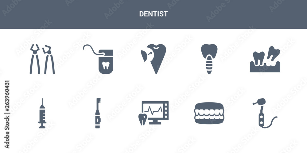 Vetor de 10 dentist vector icons such as dentists drill tool, denture ...