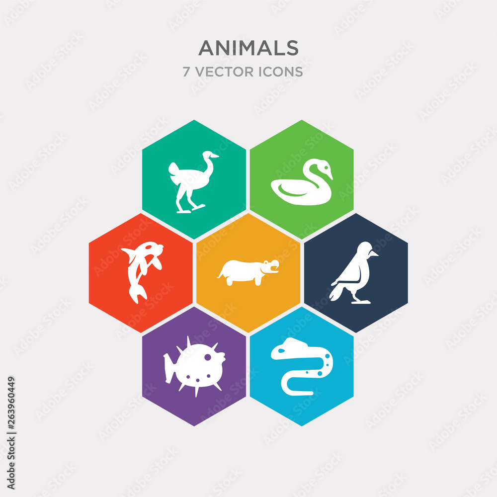 simple set of moray, globe fish, sparrow, hippopotamus icons, contains ...