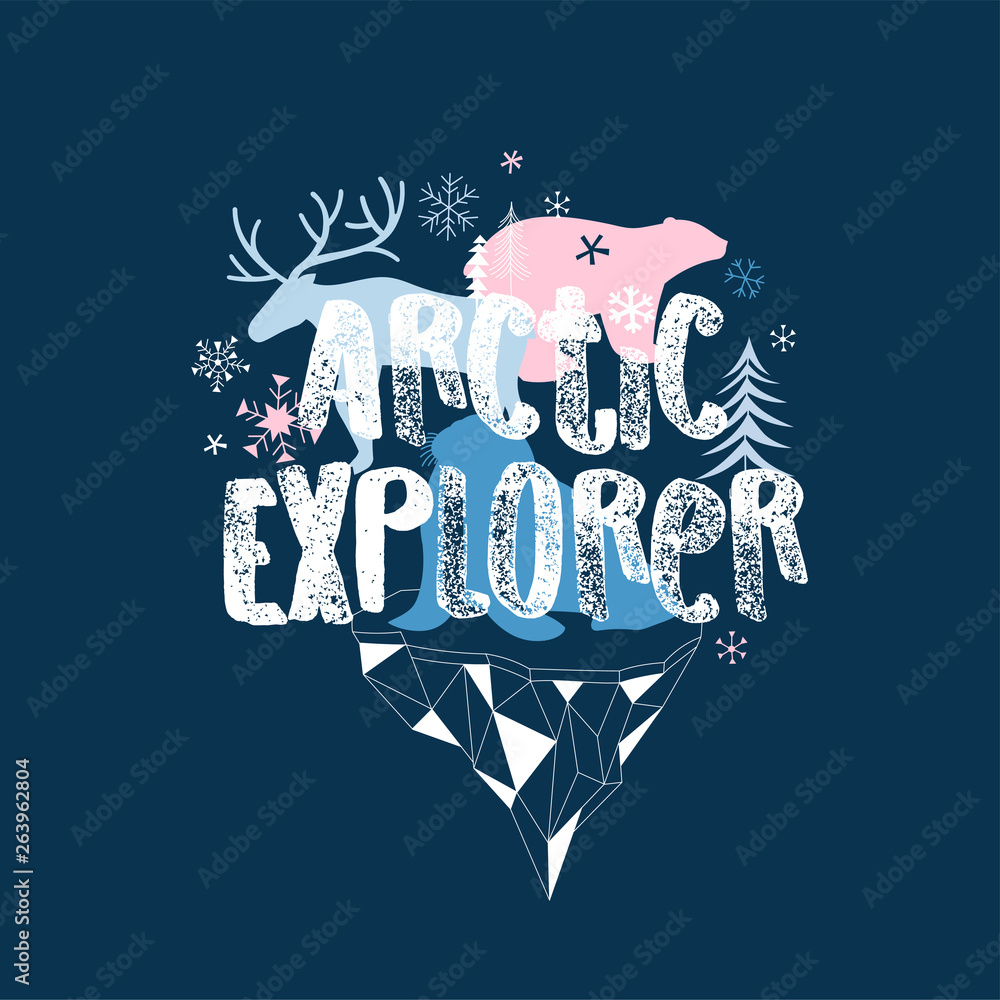Arctic Explorer typographic print with polar animals and iceberg ...