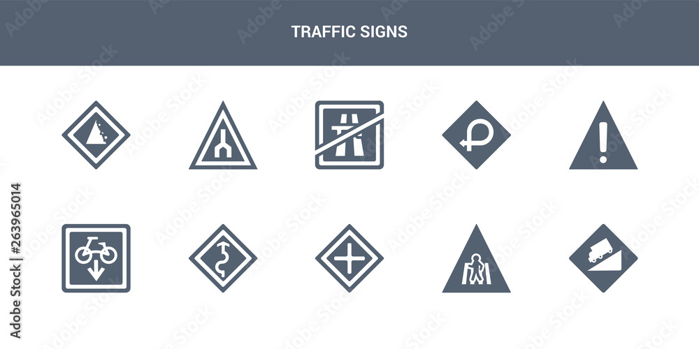 10 traffic signs vector icons such as steep descent, crossing ...