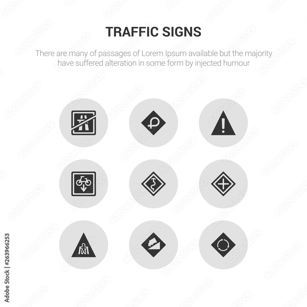 9 round vector icons such as circular intersection, steep descent ...