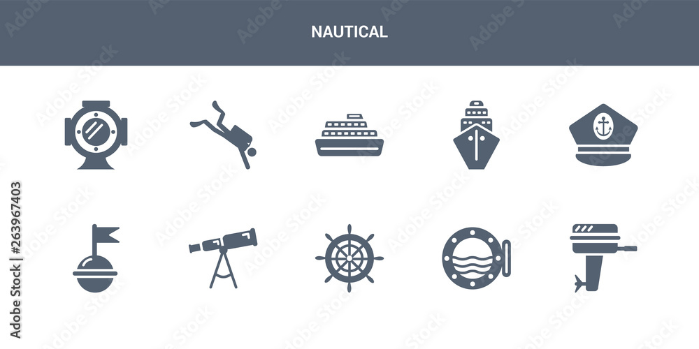 10 nautical vector icons such as boat engine, boat porthole, boat ...