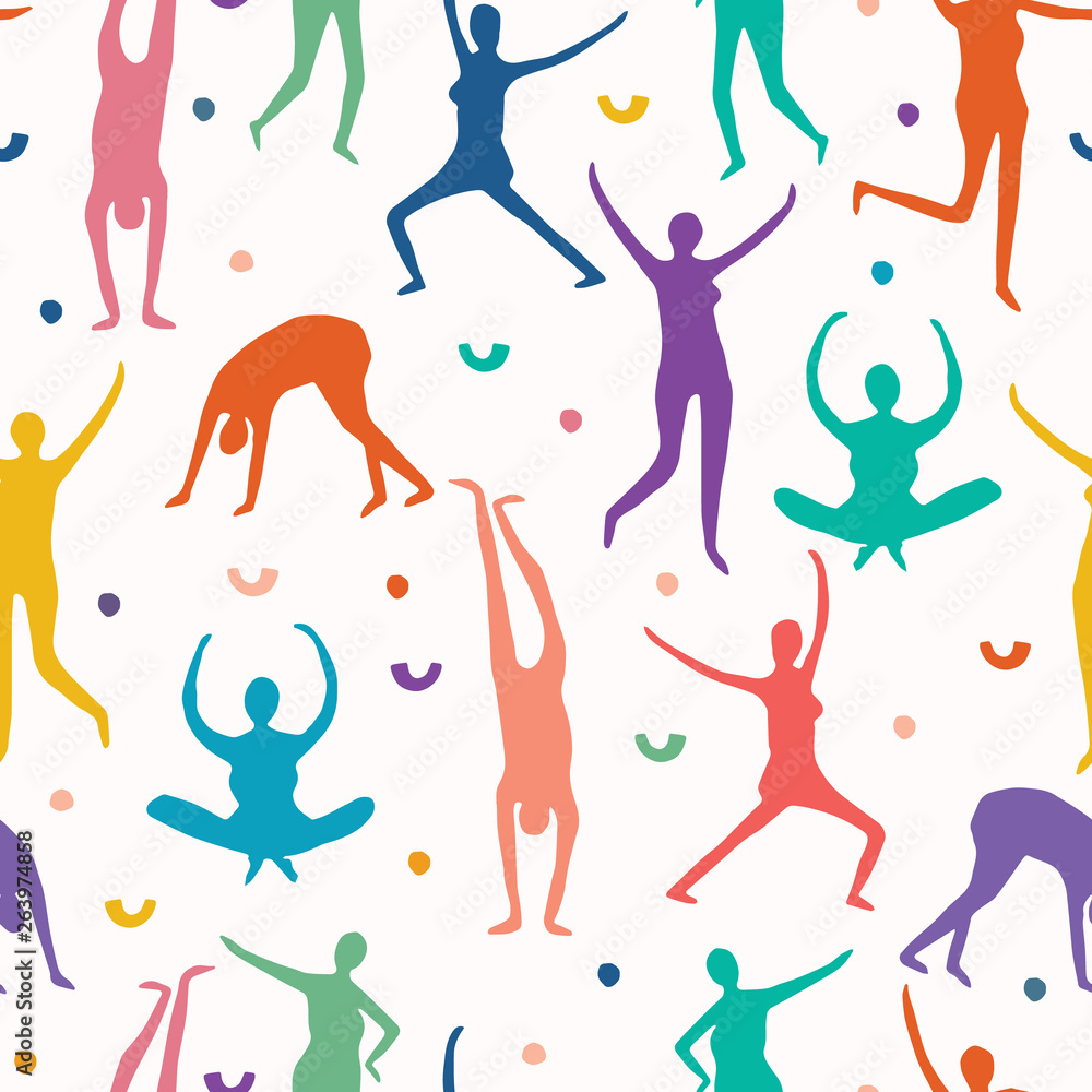 Female body people pose seamless vector pattern. Yoga, dance sport ...
