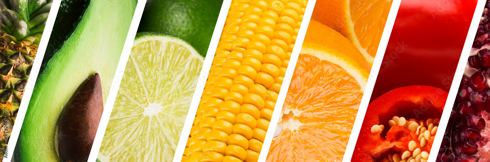 Fresh food collage, rainbow colors of natural ingredients Stock Photo ...