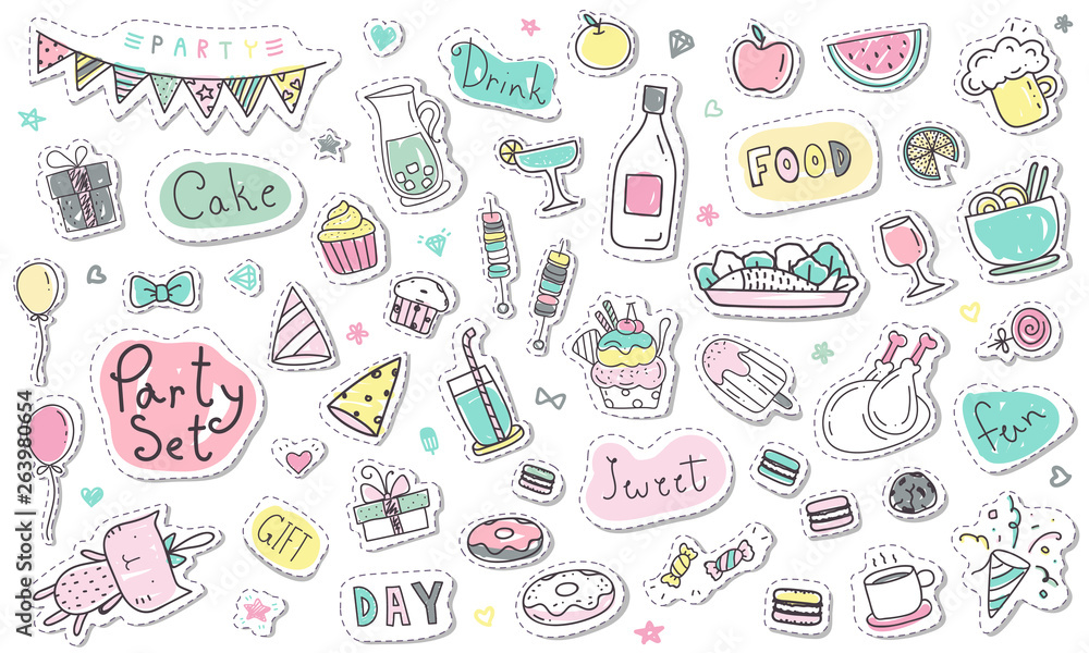 Cute hand drawn party sticker collection in pastel color. Party sticker ...