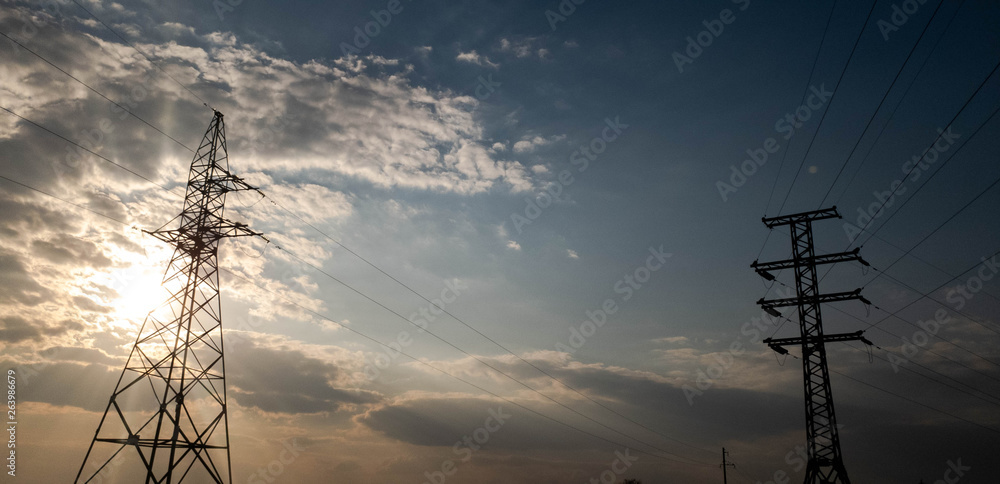 High-voltage power lines. Structures metal power lines. Stock Photo ...