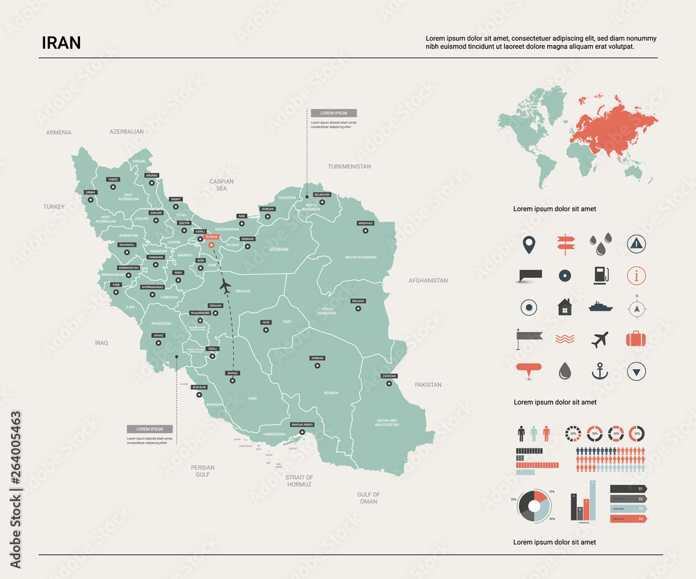Vector map of Iran. High detailed country map with division, cities and ...