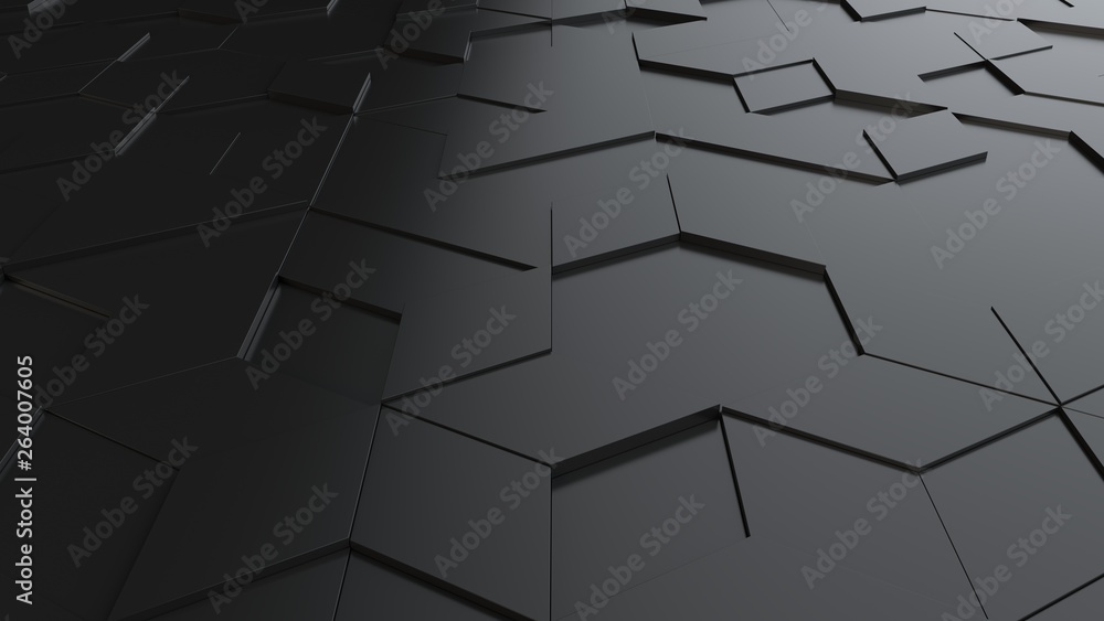 black abstract background with techie hexagons and triangles, 3D ...