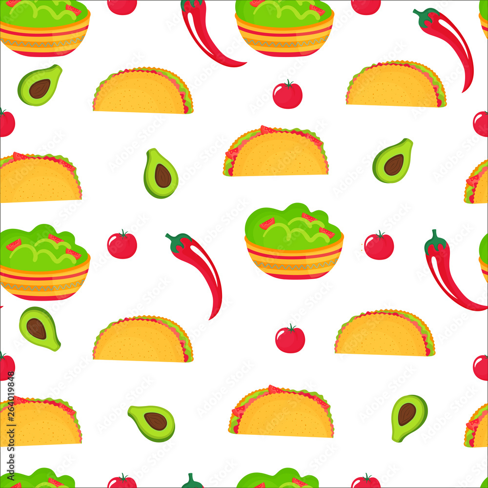Tacos, guacamole, hot red pepper, avocado, tomato. National Mexican ...