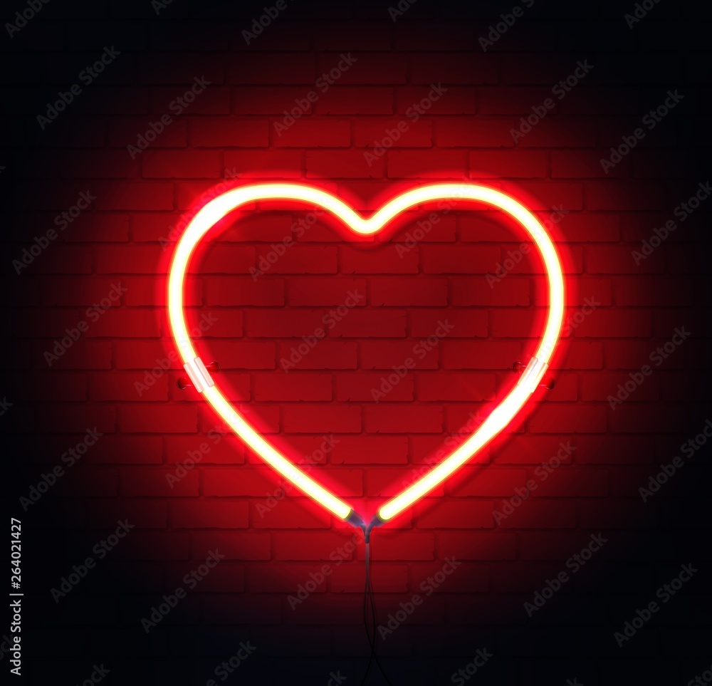 Red neon heart. Bright night neon sign on brick wall background with ...