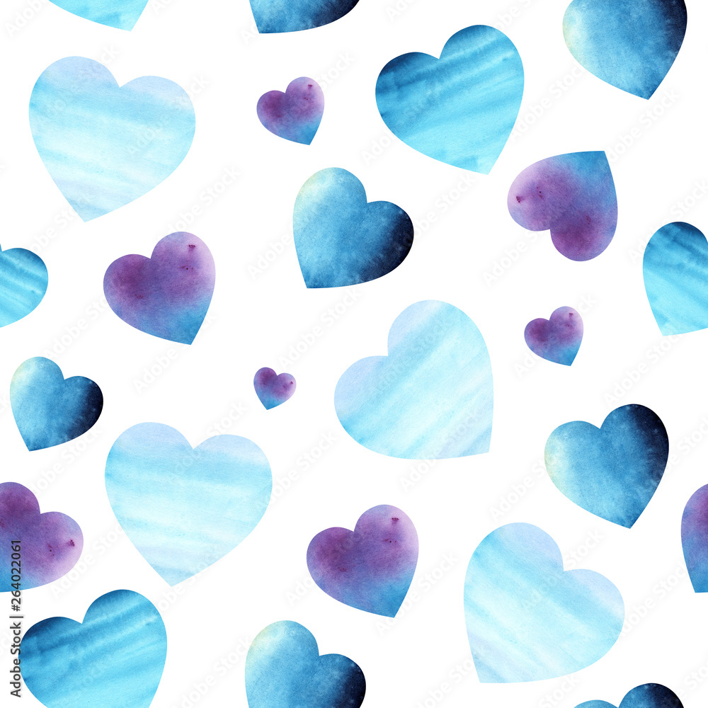 illustration of watercolor blue hearts pattern on white background for ...