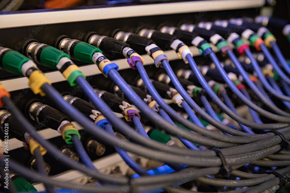 bunch of bnc sdi hd video signal connection on patch panel and switcher ...