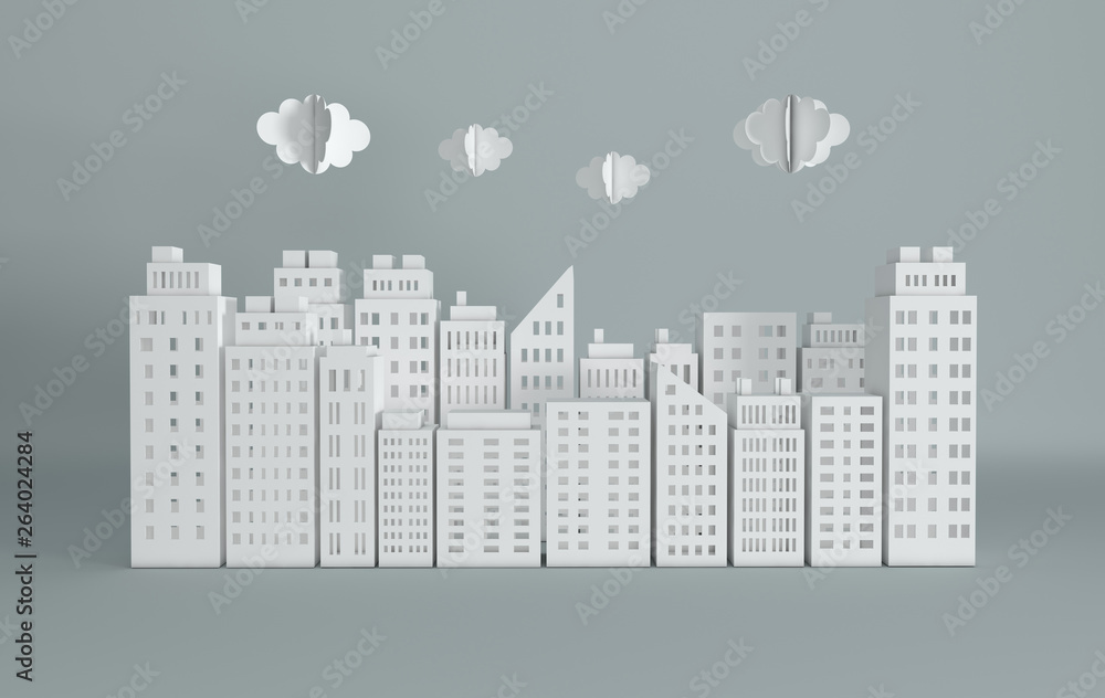 White paper skyscrapers and clouds. Achitectural building in panoramic ...