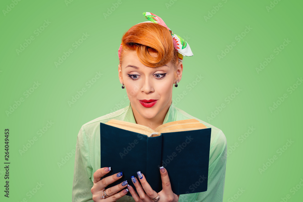 pinup girl reading a book having a shocking face Stock Photo | Adobe Stock