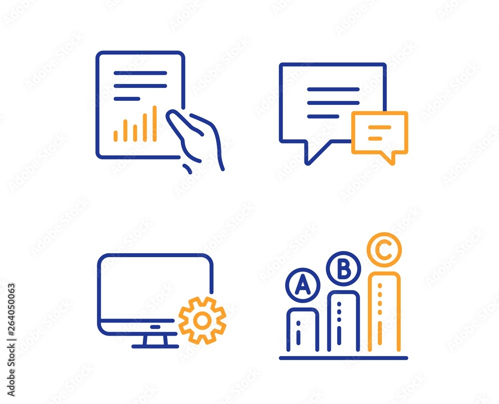 Monitor settings, Comment and Document icons simple set. Graph chart sign. Service cogwheel ...