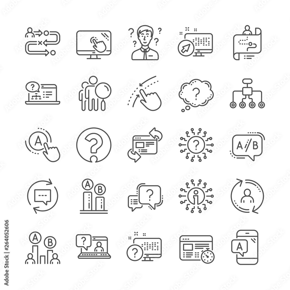 UX line icons. Set of Question mark, AB testing and Journey path map ... UX line icons. Set of Question mark, AB testing and Journey path map ...